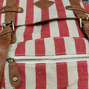 Bags | Natural Fabric Red Strip Backpack | Poshmark